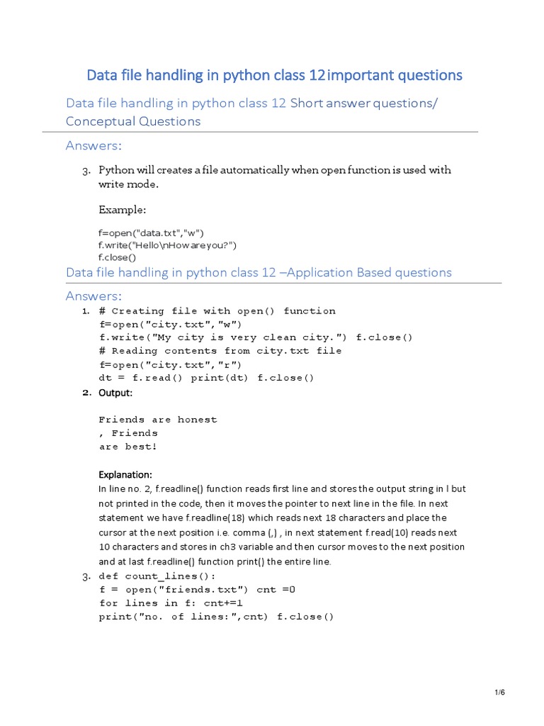 Data File Handling Application Based Questions Answers | PDF