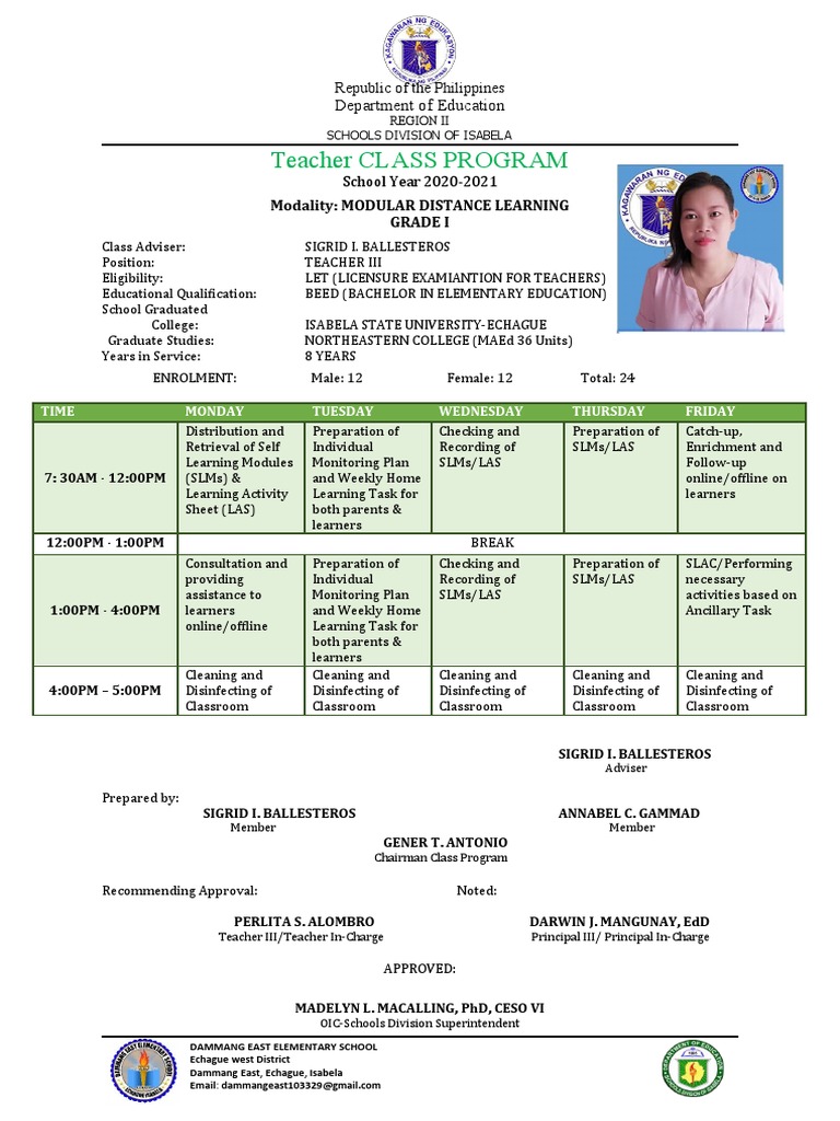 Teacher Class Program Grade 1 | PDF | Psychological Concepts | Pedagogy