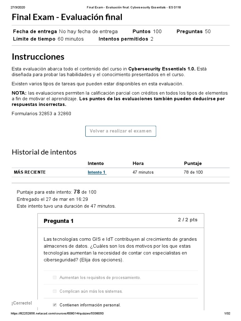 Final Exam - Evaluación Final - Cybersecurity Essentials - ES 0118 ...