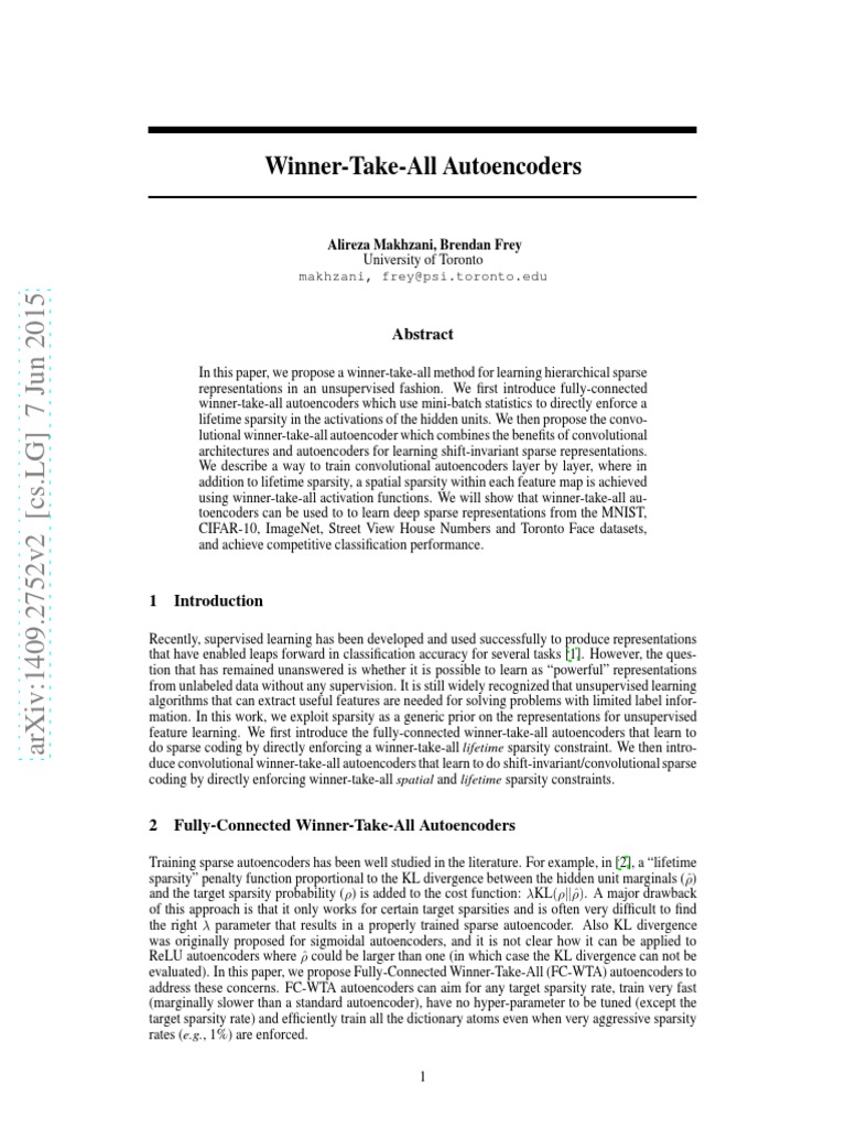 Winner Take All Autoencoders | PDF | Cybernetics | Cognitive Neuroscience