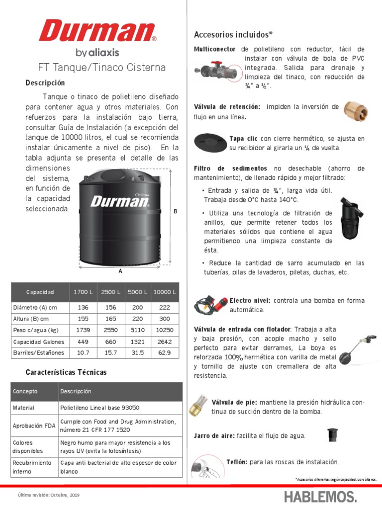 Tanques y Tinacos Durman: Dimensiones y Accesorios | PDF | Tanques | Bomba