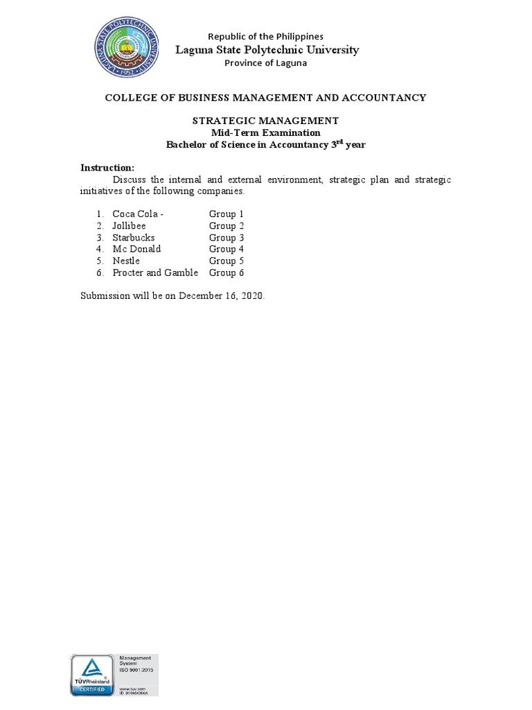 Strategic Management Midterm Exam Guide | PDF