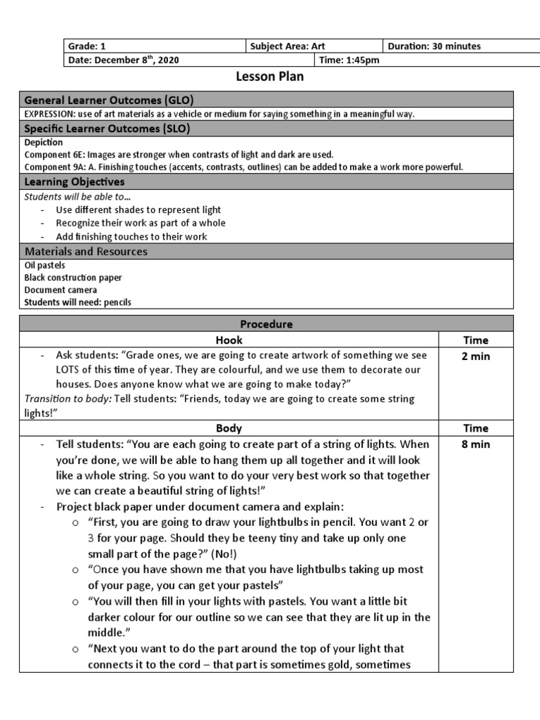 Lesson Plan: General Learner Outcomes (GLO) Specific Learner Outcomes ...