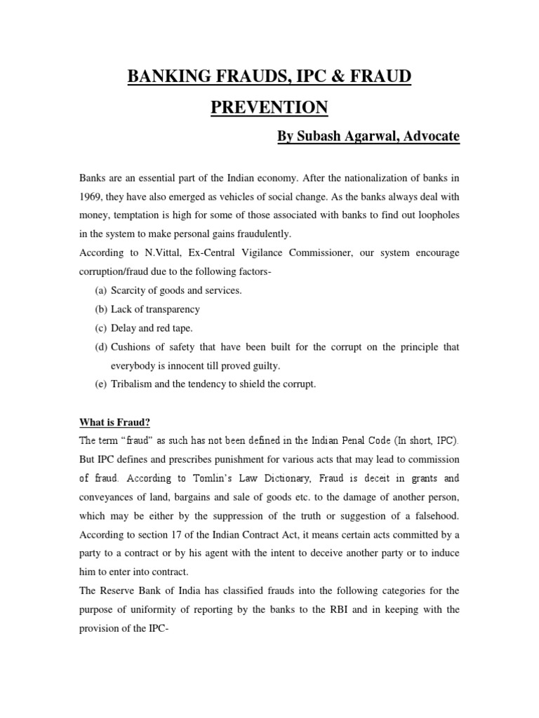 Banking Frauds, Ipc & Fraud Prevention: by Subash Agarwal, Advocate ...