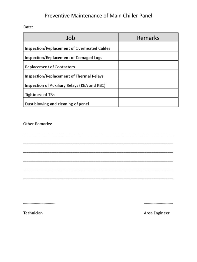 Main Chiller Panel Maintenance Checklist | PDF