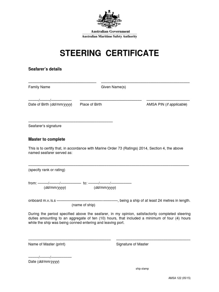 Amsa122 Steering Certificate PDF | PDF