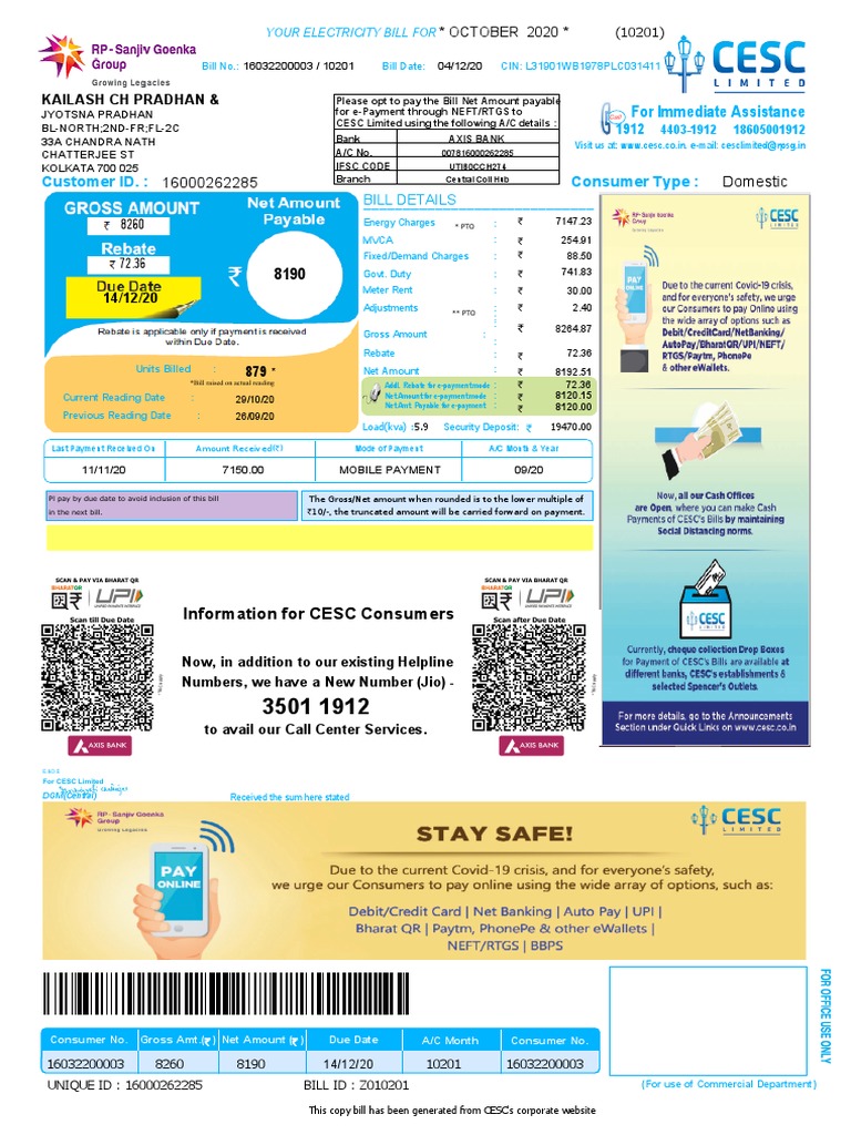 CESC Electricity Bill Details | PDF | Cheque | Services (Economics)