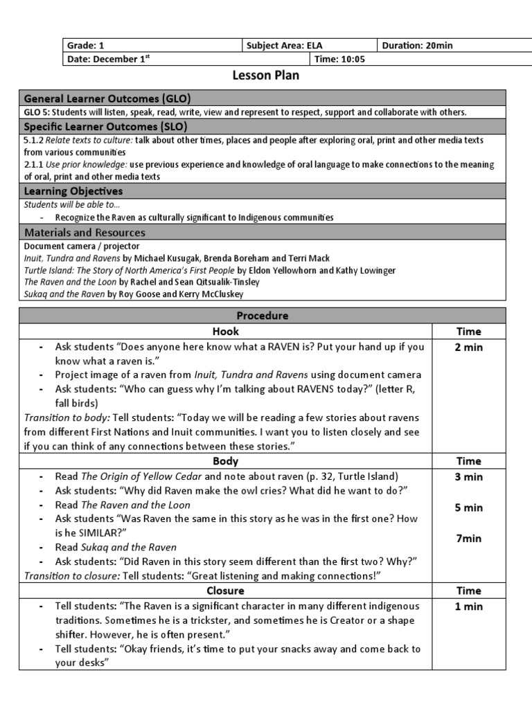 Lesson Plan: General Learner Outcomes (GLO) Specific Learner Outcomes ...