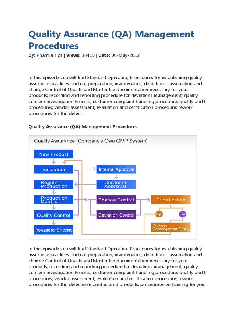 Quality Assurance (QA) Management Procedures: By: Pharma Tips - Views: 14415 - Date: 06-May-2012 ...
