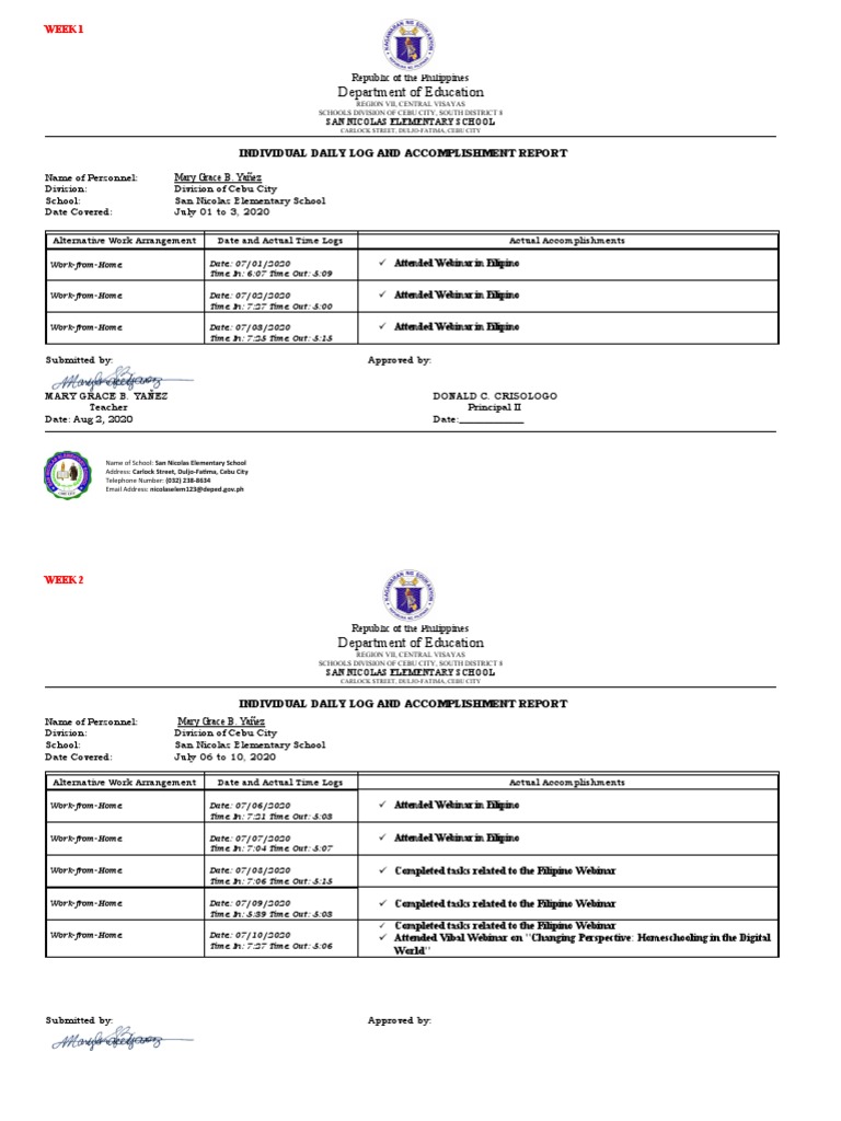 Department of Education: Individual Daily Log and Accomplishment Report ...