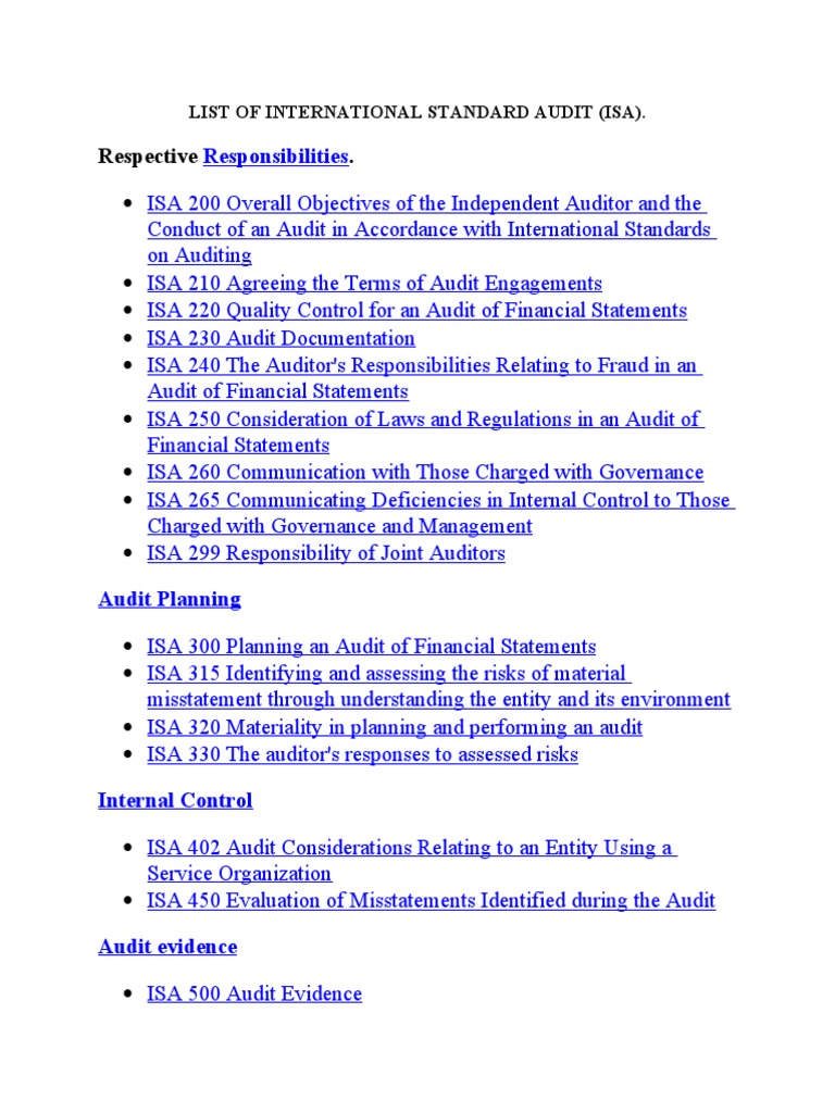 List of Isa | PDF | Internal Control | Audit