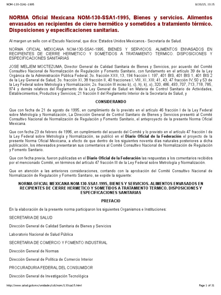 Norma NOM-130-SSA1-1995 sobre Alimentos Envasados | PDF | Gusto | Alimentos
