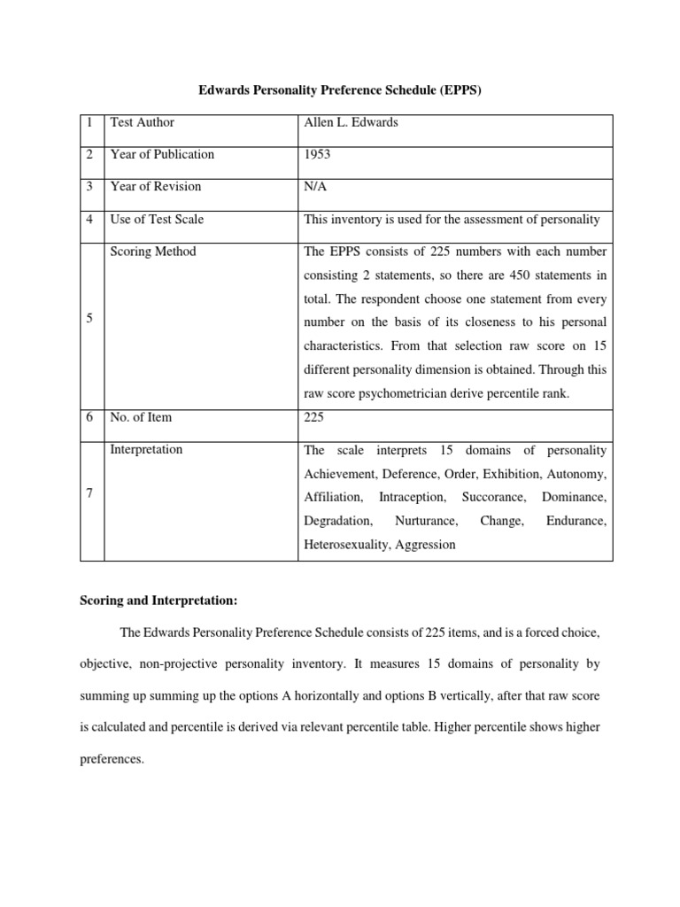 Edwards Personality Preference Schedule (EPPS) | PDF | Psychological ...