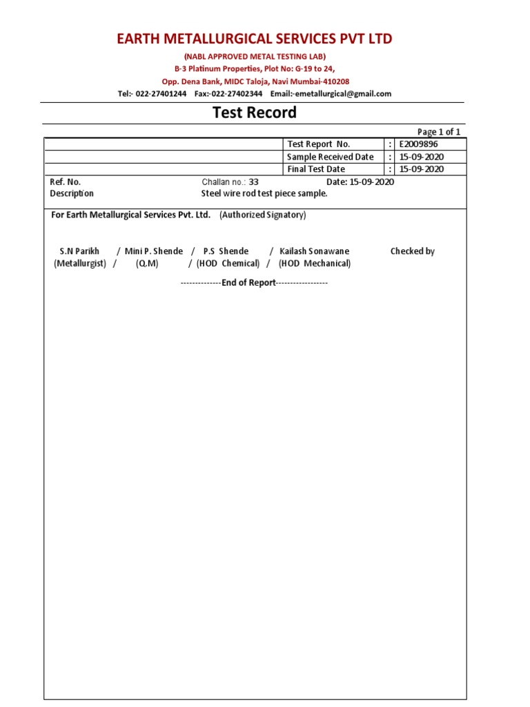 Test Record: Earth Metallurgical Services PVT LTD | PDF