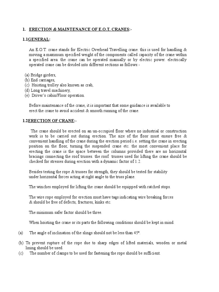 Electric Overhead Traveling Crane Erection and Maintenance PDF | PDF ...