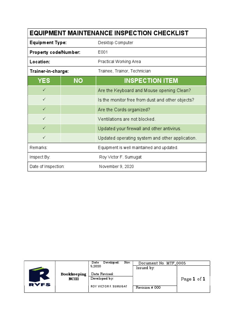 RVFS - Equipment Maintenance Inspection Checklist - Rev 1 | PDF ...