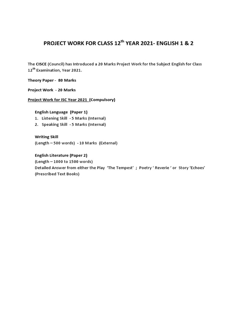 Class Xii English Project Work For Isc Year 2021 | PDF