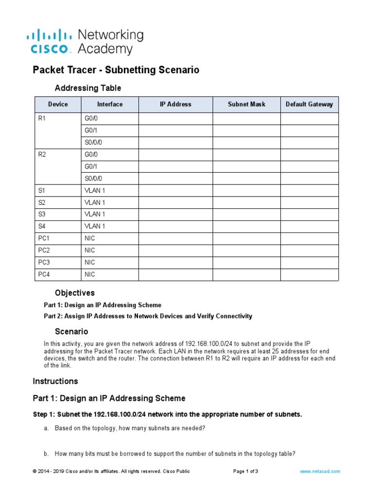 Lab 8 2 Subnetting Scenario Download Free Pdf Ip Address Bit