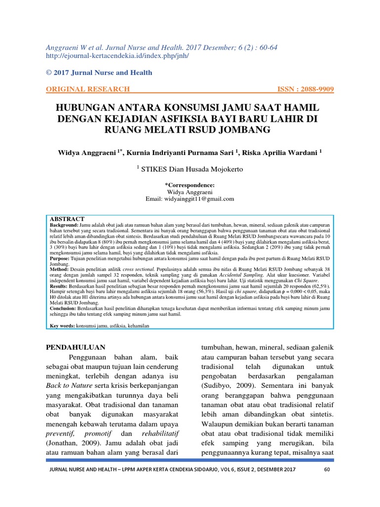 Hubungan Antara Konsumsi Jamu Saat Hamil Dengan Kejadian Asfiksia Bayi Baru Lahir Di Ruang ...