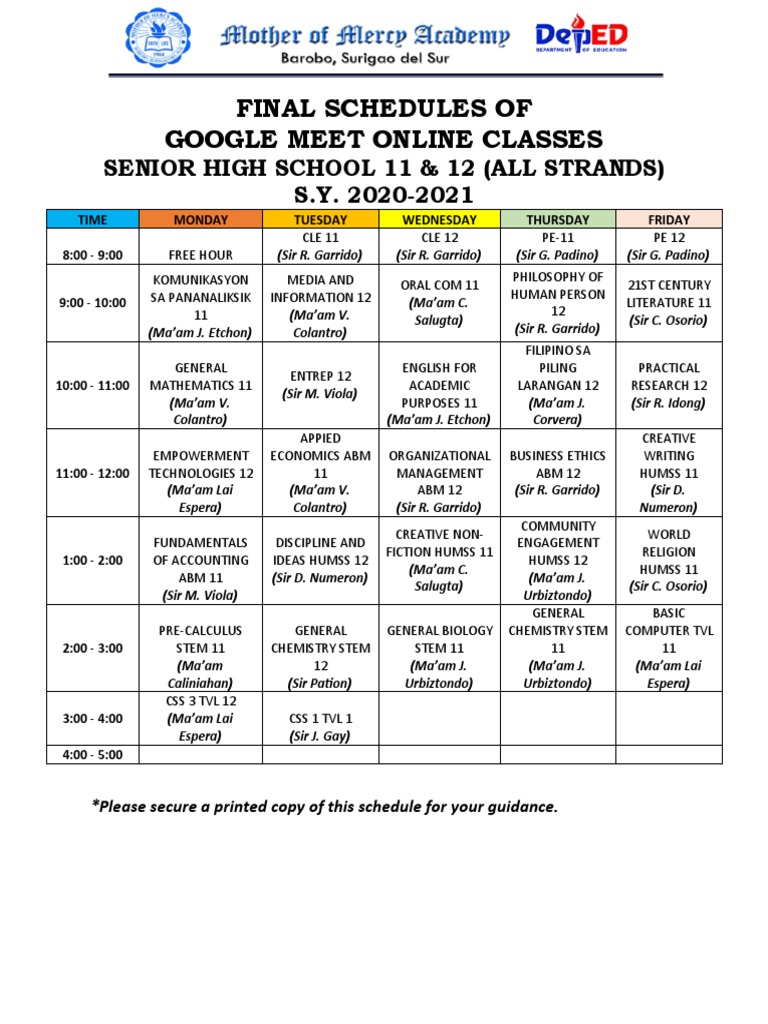Google Meet Online Class Schedules-Shs | PDF | Science