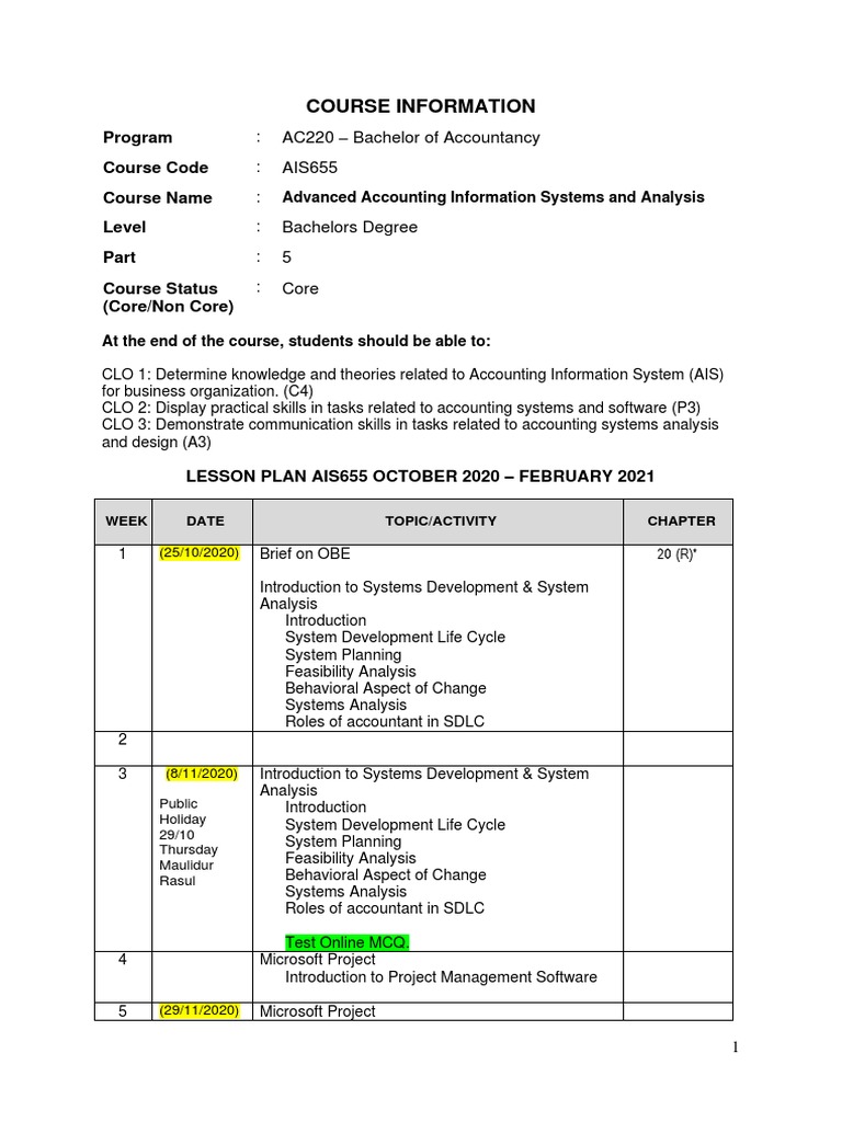 AA LESSON PLAN AIS655 - OCT 2020 - Student - Update18oct2020 | PDF ...