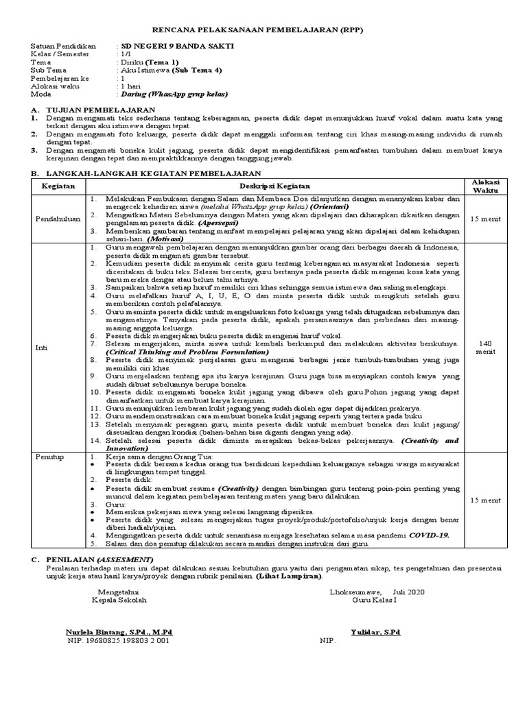 RPP Daring Kelas 1 Tema 1 Subtema 4 | PDF | Karier & Perkembangan | Seni & Disiplin Bahasa