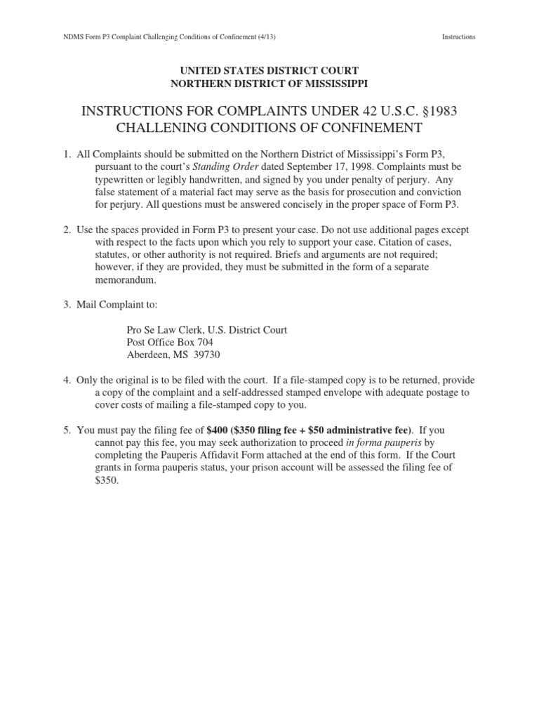 Instructions For Complaints Under 42 U.S.C. 1983 Challening Conditions ...