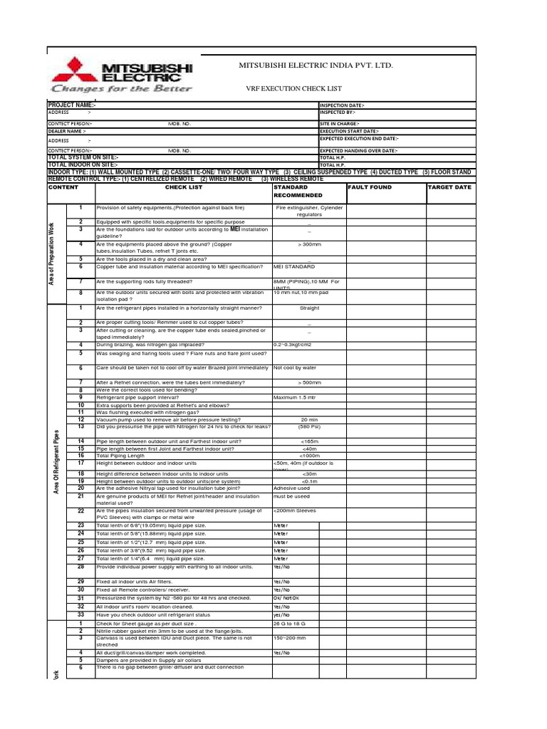 VRF Execution Check List | PDF | Duct (Flow) | Pipe (Fluid Conveyance)