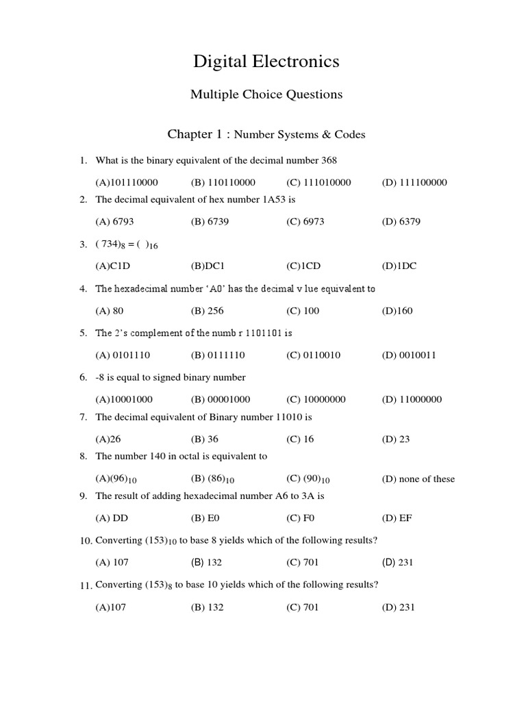 Multiple Choice Questions on Number Systems, Boolean Algebra, and ...