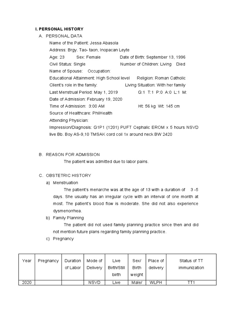 Nursing Health History Example: G1P1 Case | PDF | Menstruation | Pregnancy