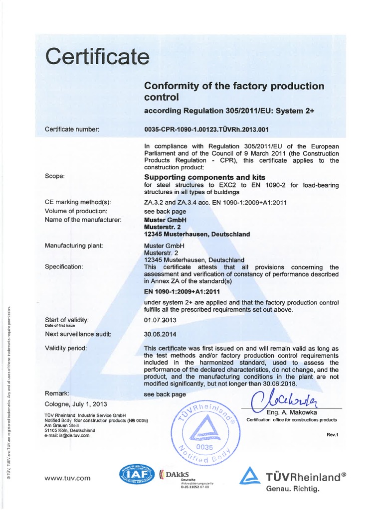 Tuv Rheinland FPC Sample Certificate en PDF | PDF