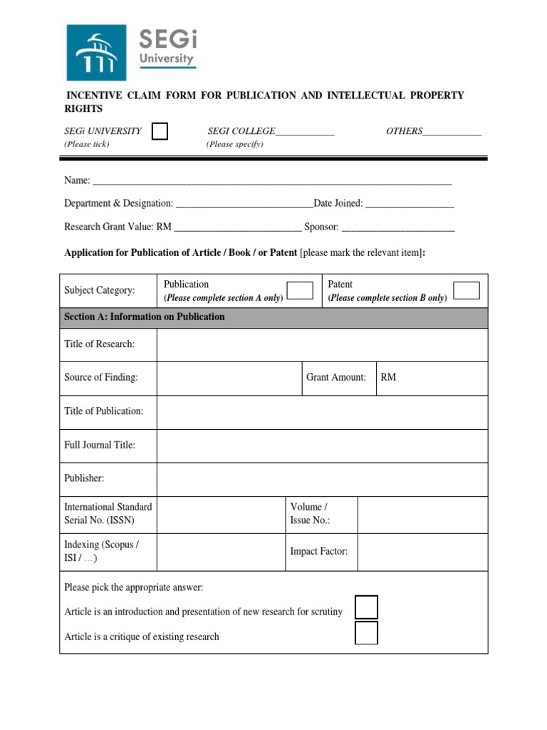 Incentive Claim Form For Publications and Intellectual Property Rights ...