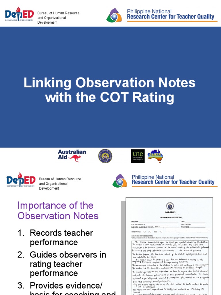 COT Observation Notes and Ratings Guide | PDF | Curriculum | Worksheet