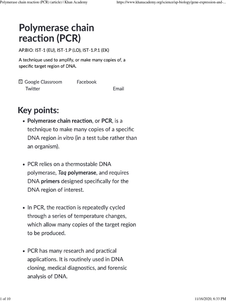 Polymerase Chain Reaction (PCR) (Article) - Khan Academy | PDF ...