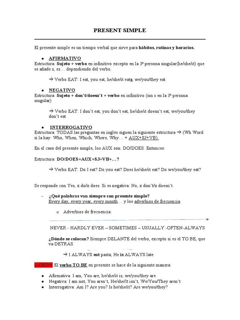 Present Simple: - ¿Qué Palabras Van Siempre Con Presente Simple? | PDF