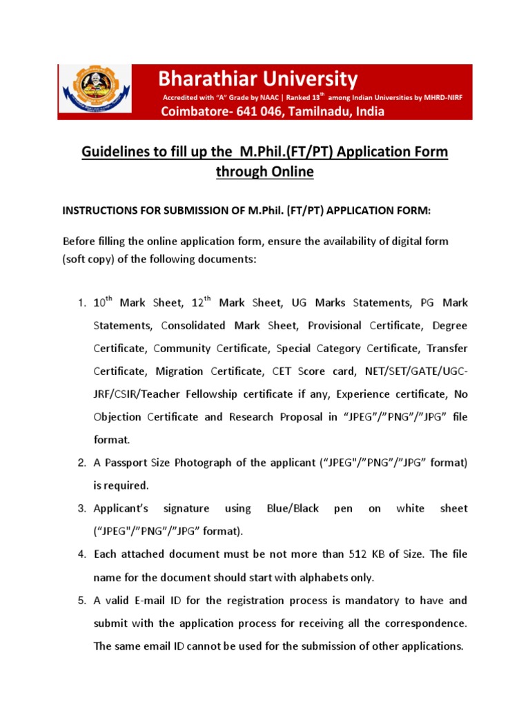 Bharathiar University: Guidelines To Fill Up The M.Phil. (FT/PT ...
