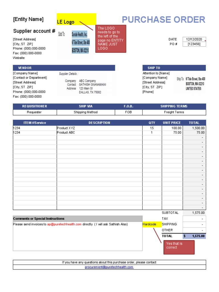 Purchase Order: (Entity Name) LE Logo Supplier Account # | PDF | Business