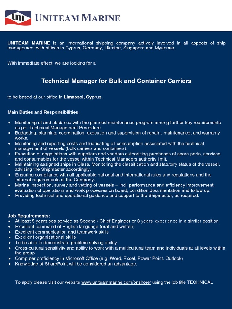 Technical Manager For Bulk and Container Carriers | PDF