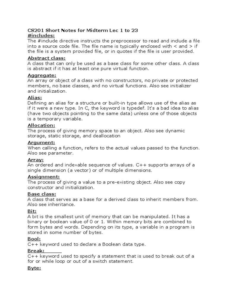 Cs201 Short Notes For Midterm Lec 1 To 23 Download Free Pdf C Constructor Object 