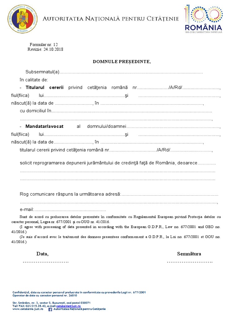 Formular 12 Cerere Reprogramare Depunere Juramant Credinta 2018 | PDF