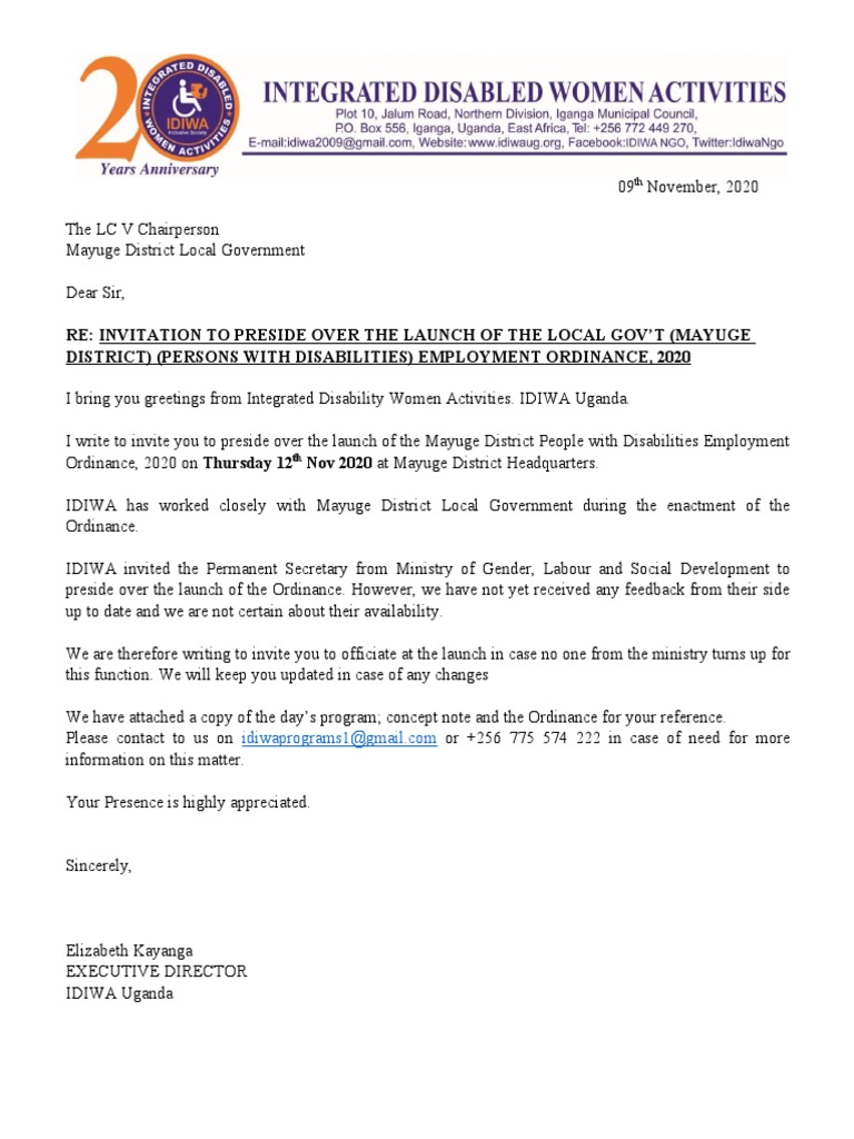Re: Invitation To Preside Over The Launch of The Local Gov'T (Mayuge ...