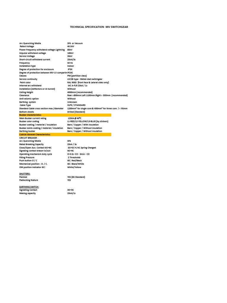 MV Switchgear Technical Specifications | PDF | Power (Physics ...