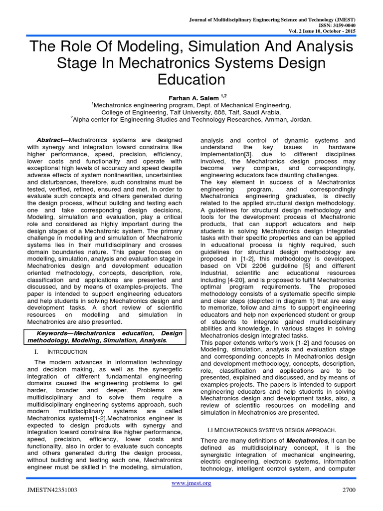 The Role of Modeling, Simulation and Analysis Stage in Mechatronics ...