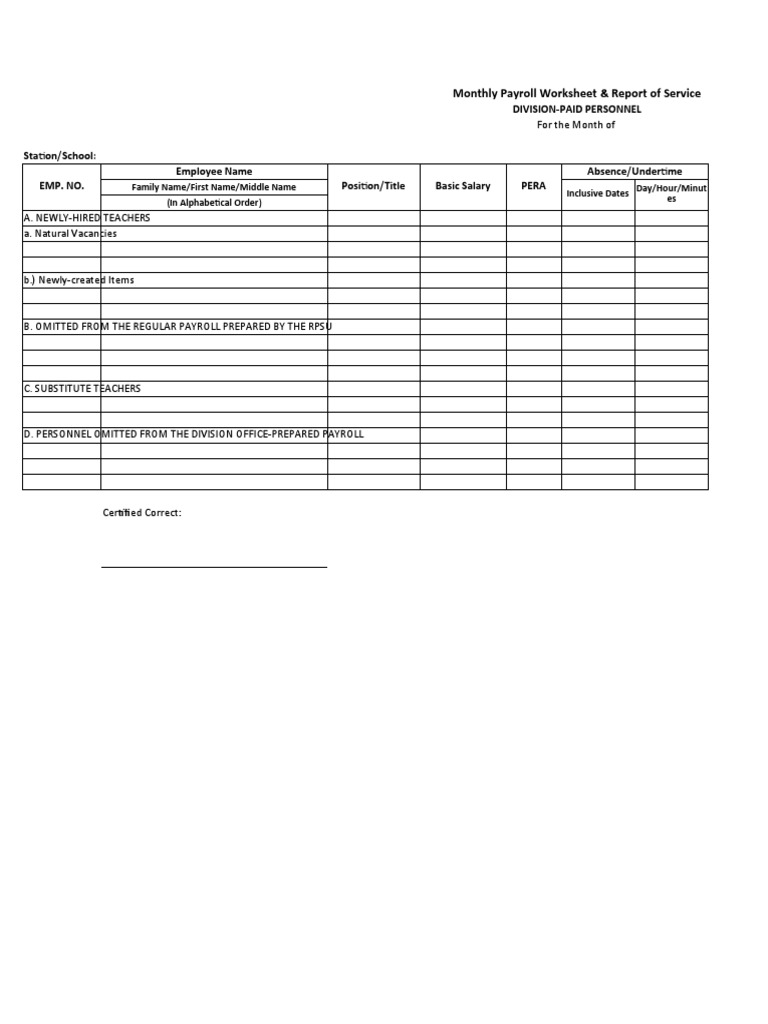 Form 7 - Monthly Payroll Worksheet & Report of Service | PDF
