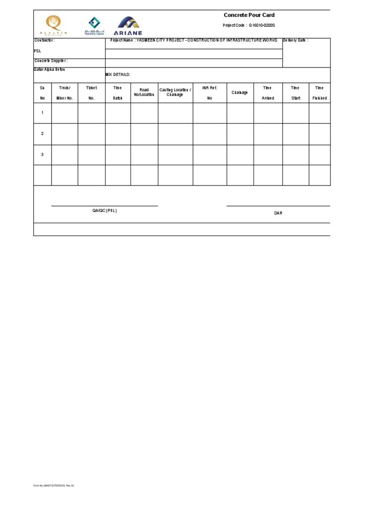 Concrete Pour Card: Qa/Qc (PSL) DAR | PDF | Technology & Engineering