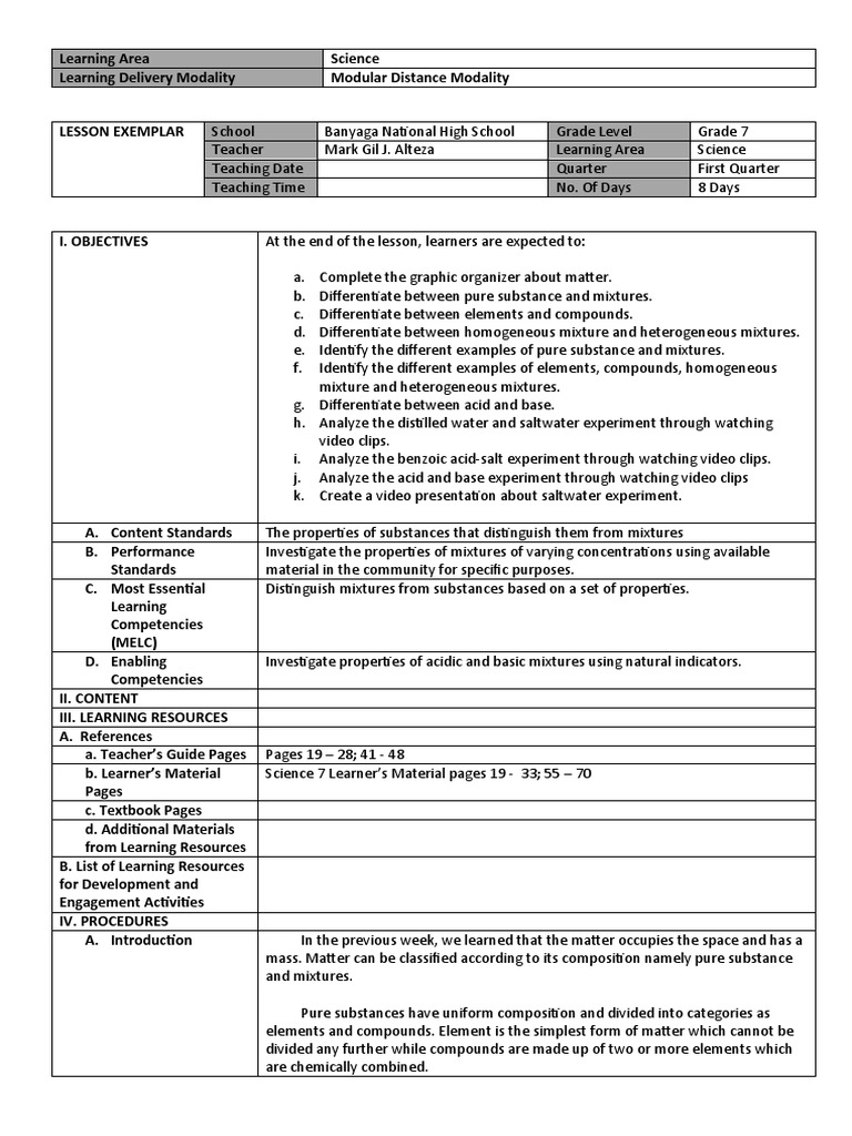 Lesson Exemplar Science Melc 3 | PDF | Chemical Substances ...