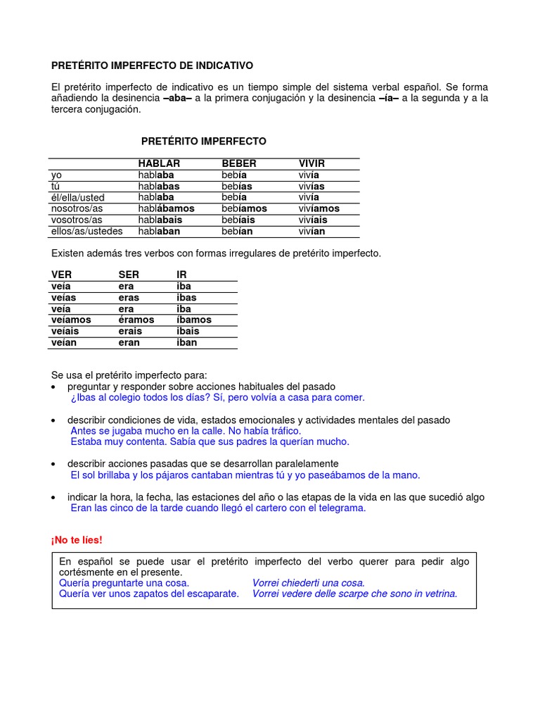 Pretérito Imperfecto de Indicativo PDF | PDF | Verbo | Conjugación ...