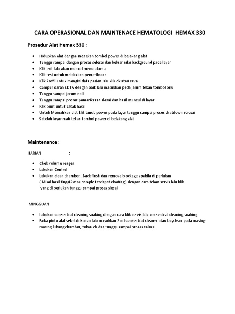 Maintenace Hemax 330 | PDF | Kesehatan Holistik | Teknologi & Rekayasa