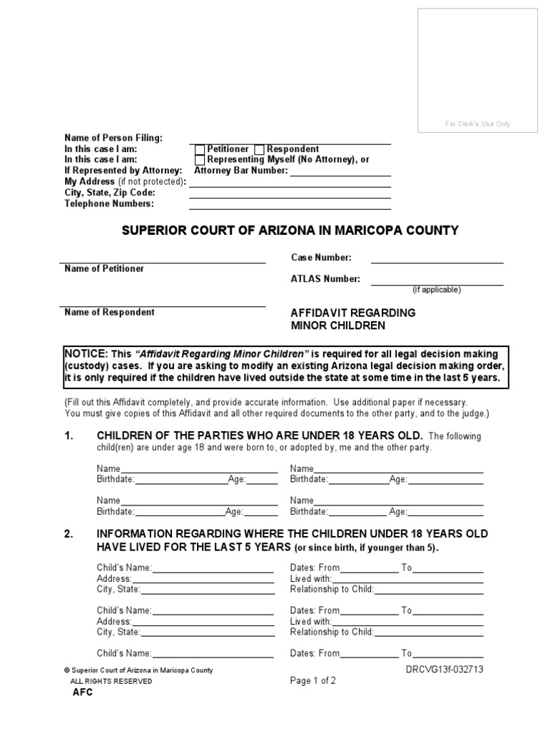 Superior Court of Arizona in Maricopa County: Affidavit Regarding Minor ...