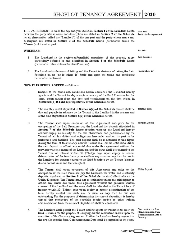 Shoplot Tenancy Agreement 2020: Whereas | PDF | Leasehold Estate | Landlord